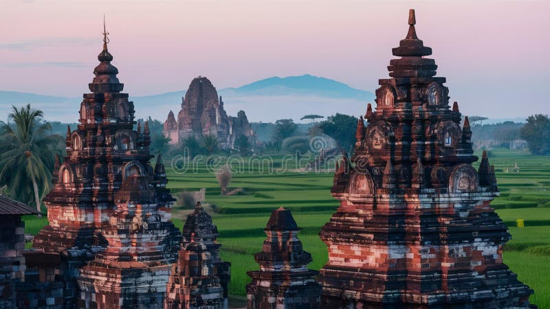 Ancient Temple Architecture with a Backdrop of Views of Rice Fields and ...