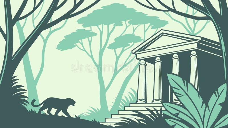 Ancient Temple and Black Panther in Jungle, Mysterious Wildlife Vector ...