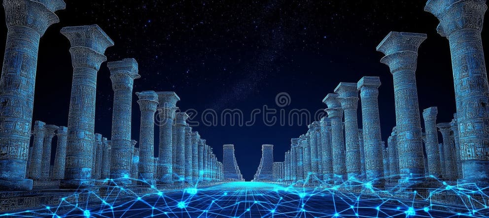 Ancient Temple Columns in Digital Blue Data Network Style, Representing ...