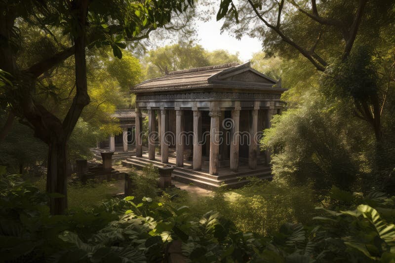 Ancient Temple, with Columns and Towering Roof, Surrounded by Lush ...
