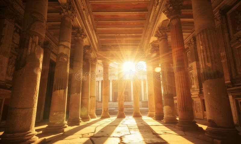 Ancient Temple with Columns Under the Sun Rays, Interior Panoramic ...