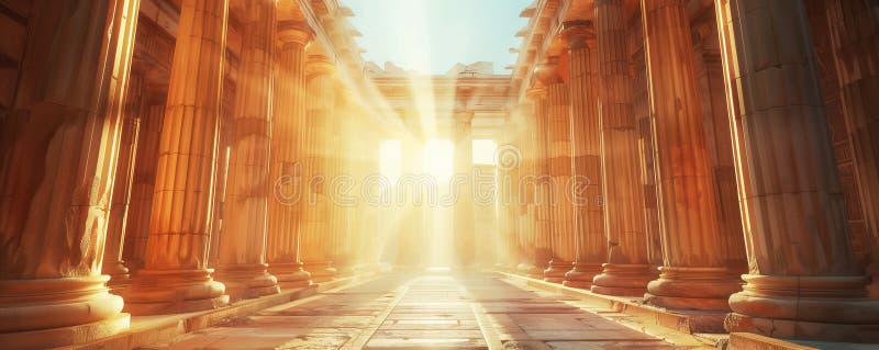 Ancient Temple with Columns Under the Sun Rays, Interior Panoramic View ...