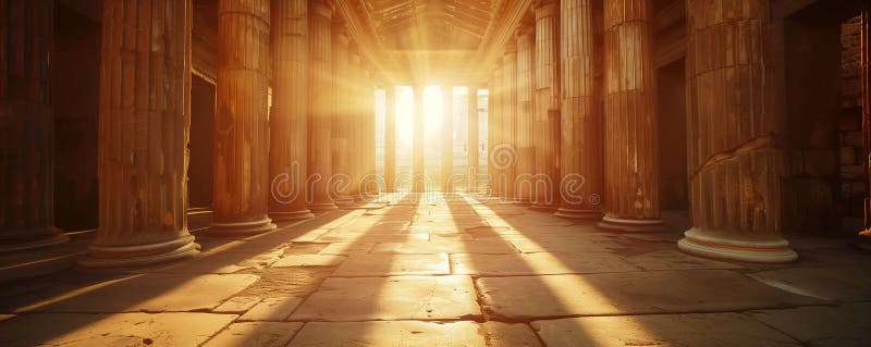 Ancient Temple with Columns Under the Sun Rays, Interior Panoramic ...