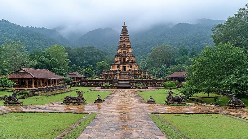 Ancient Temple Complex in a Lush Valley, with Tiered Tower, Stone ...