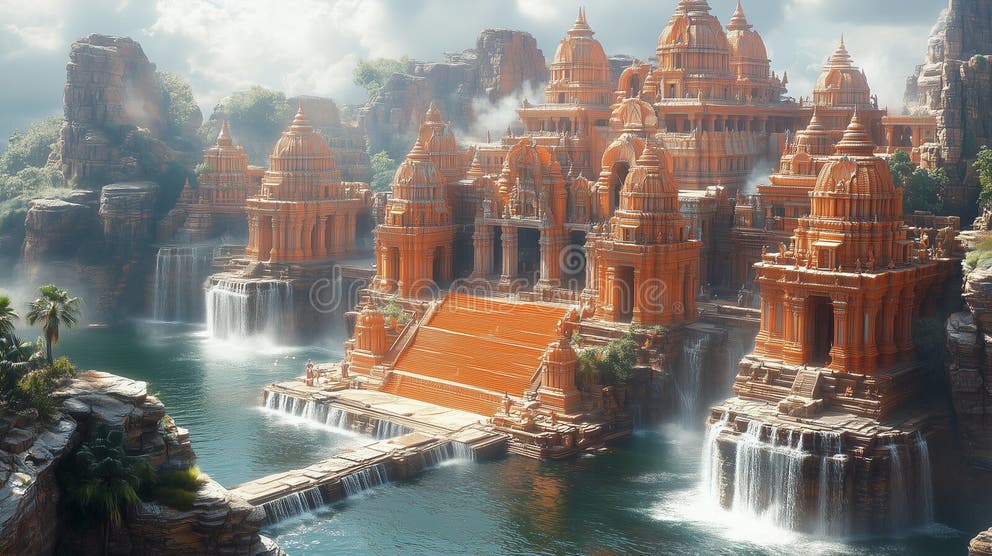 Ancient Temple Complex Surrounded by Waterfalls and Lush Greenery Under ...