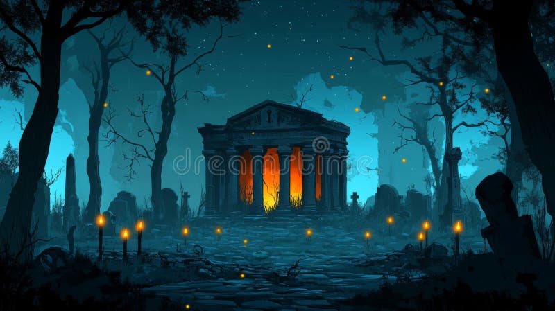 Ancient Temple in Dark Forest at Night Stock Illustration - Illustration of fantasy, eerie ...