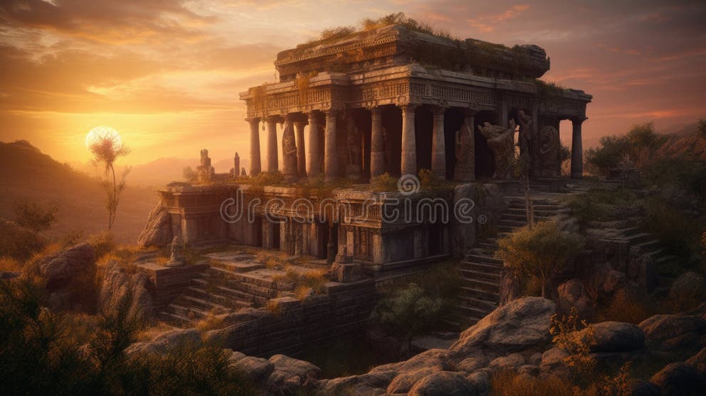 Ancient Temple in the Desert at Sunset Stock Illustration ...