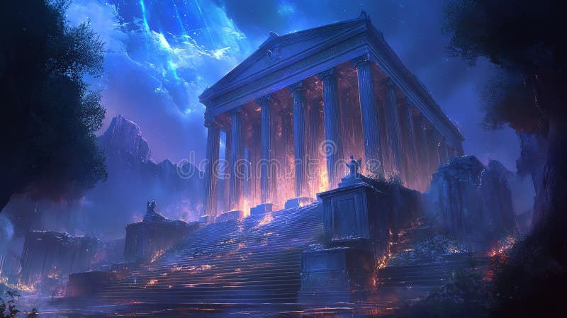Ancient Temple with Dramatic Stormy Sky and Glowing Ruins Stock ...