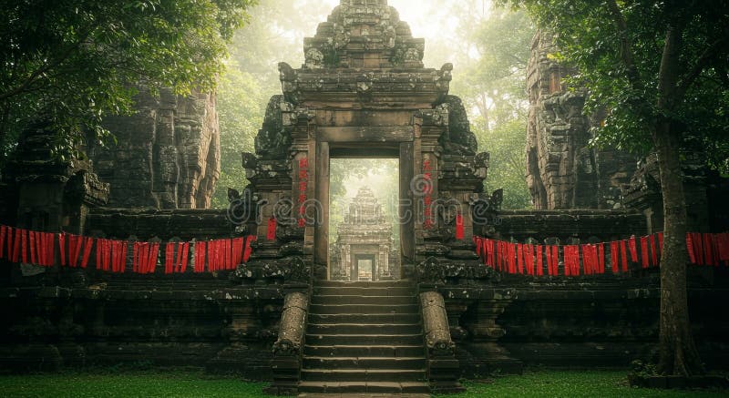 Ancient Temple Entrance Surrounded by Lush Greenery and Red Banners in ...