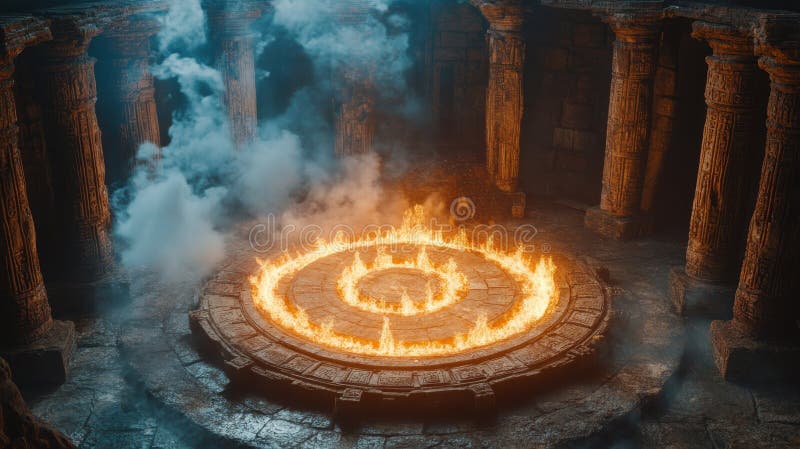 Ancient Temple with a Fiery Altar and Mysterious Door is Burning Stock ...