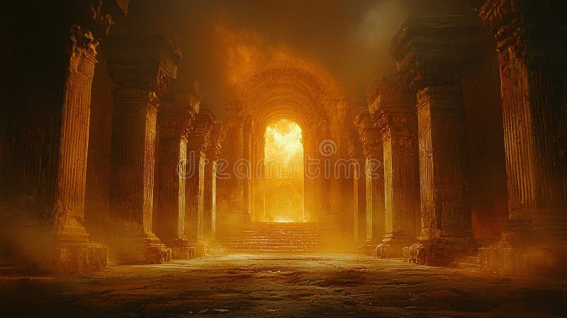 Ancient Temple Interior with Dramatic Fiery Light Stock Image - Image ...