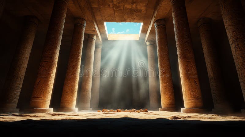 Ancient Temple Interior with Rays of Light Illuminating Sandy Floor and ...