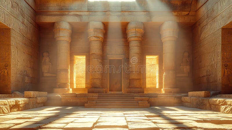 Ancient Temple Interior with Sunlight Illuminating Stone Columns and ...
