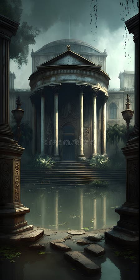 Ancient Temple in the Mist with a Pond and a Fountain in the Background ...