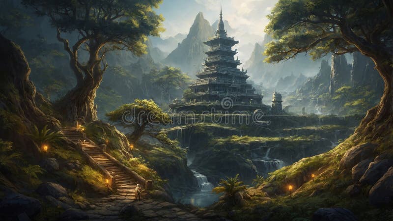 Ancient Temple Nestled in Lush Forest with Waterfall Backdrop ...
