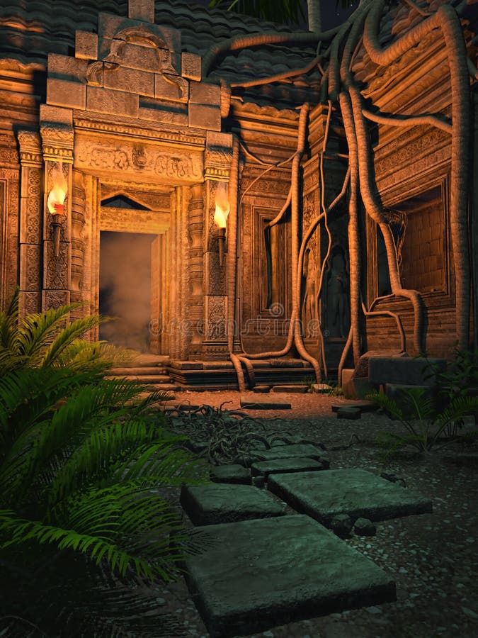 Ancient temple at night stock illustration. Illustration of torch ...