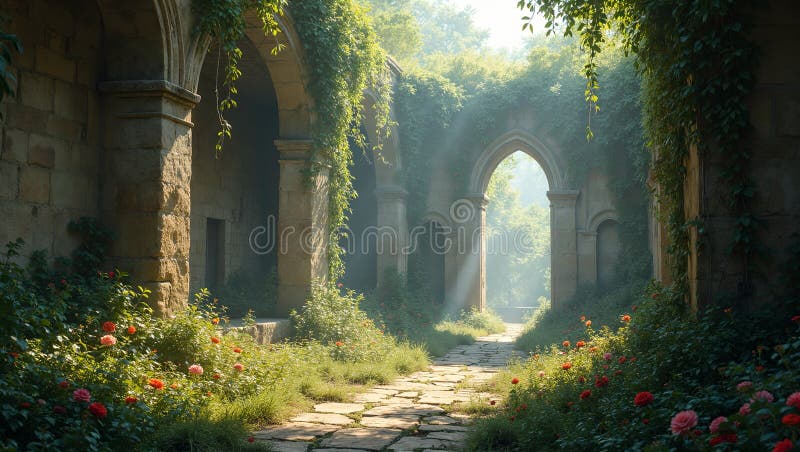 Ancient Temple Overgrown with Vines and Flowers Sunlight Peeking ...