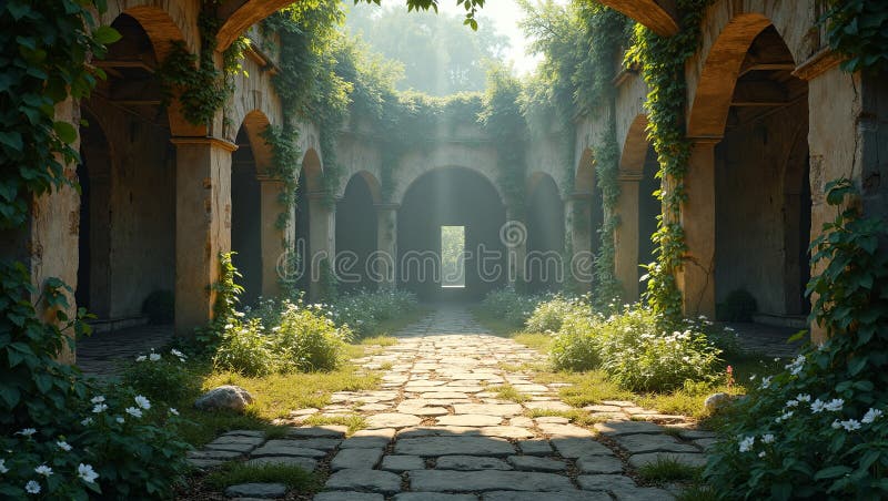 Ancient Temple Overgrown with Vines and Flowers Sunlight Peeking ...