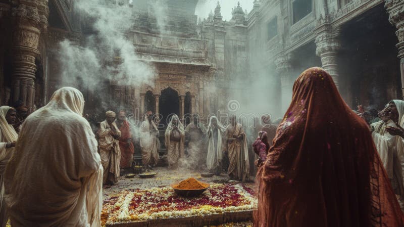 Ancient Temple Ritual with Incense and Flowers in India Stock ...