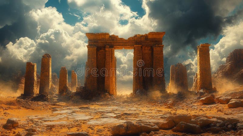 Ancient Temple Ruins in Desert with Dramatic Clouds Stock Illustration ...