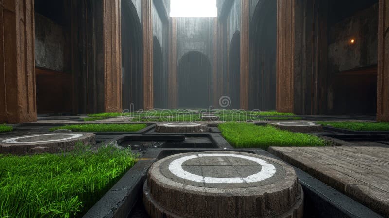 Ancient Temple Ruins with Grass and Water Features. Stock Illustration ...