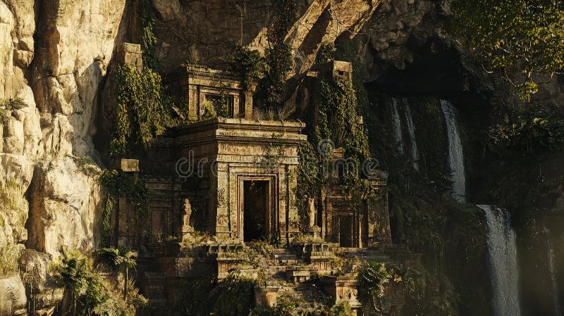 Ancient Temple Ruins Hidden in a Lush Jungle, with a Waterfall ...