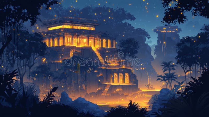 Ancient Temple Ruins Illuminated at Night in Lush Jungle Stock ...