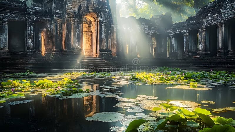 Ancient Temple Ruins with Lush Pond and Sunlight Filtering through ...