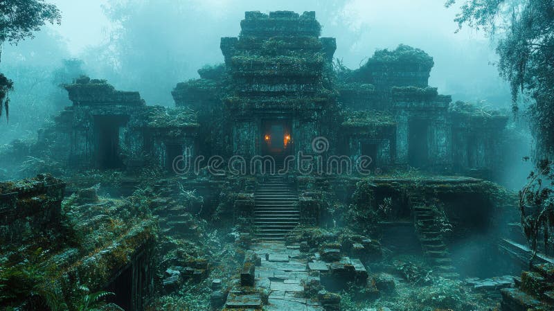 Ancient Temple Ruins, Overgrown Jungle, Misty Morning, Exploration ...