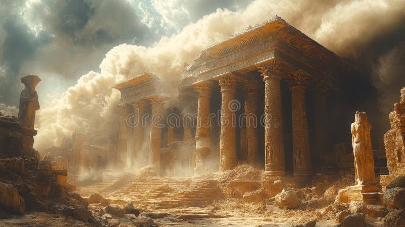 Ancient Temple Ruins with Pillars and Dust Clouds in Post-Apocalyptic ...