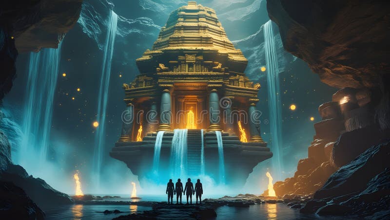 Floating Temple in Cave with Figures, Digital Art Scene Stock Image ...
