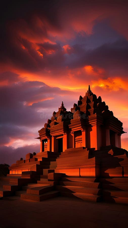 Ancient Temple Silhouetted Against a Fiery Sunset Sky Stock ...