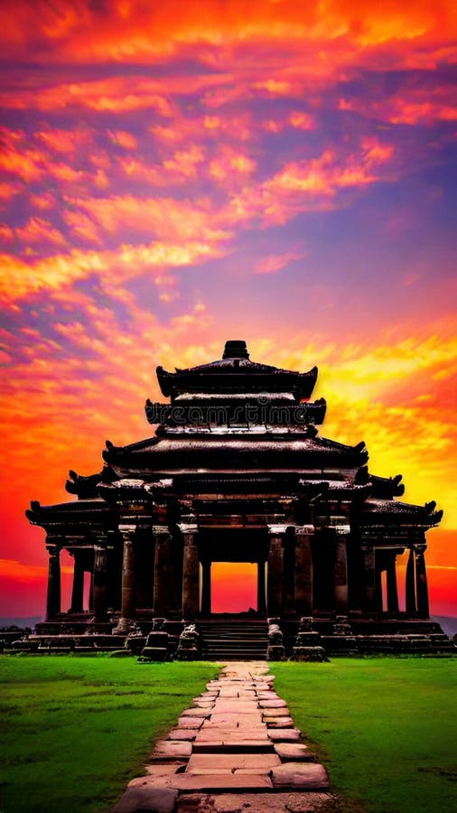 Ancient Temple Silhouetted Against a Fiery Sunset Sky Stock ...