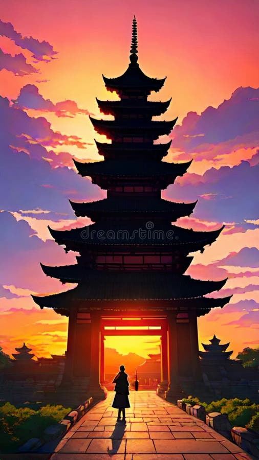 Ancient Temple Silhouetted Against a Fiery Sunset Sky Stock ...