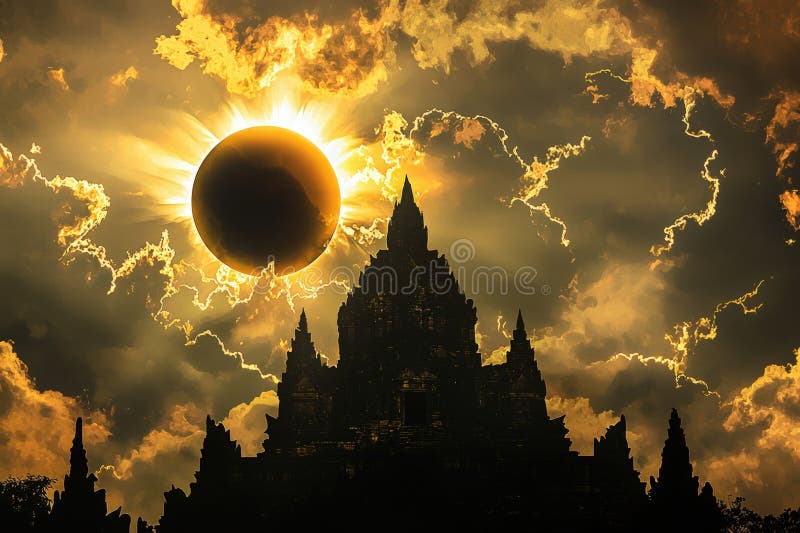 Ancient Temple is Silhouetted during a Solar Eclipse Amidst Golden ...