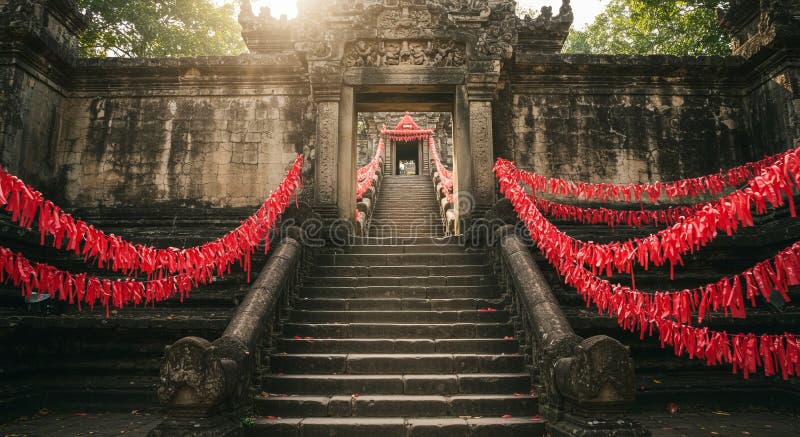 Ancient Temple Steps Adorned with Red Ribbons in Serene Forest Setting ...