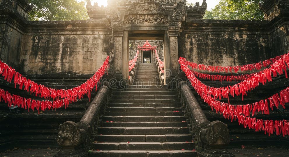 Ancient Temple Steps Adorned with Red Ribbons in Serene Forest Setting ...
