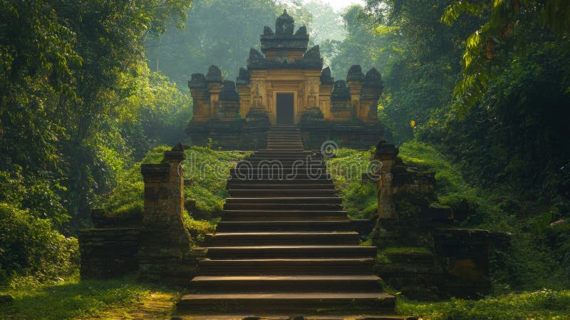 Ancient Temple Steps Leading into Lush Forest Stock Illustration ...
