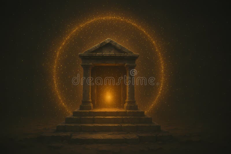 The Ancient Sanctuary Gate Guarded by Abstract Golden Particle Glow ...