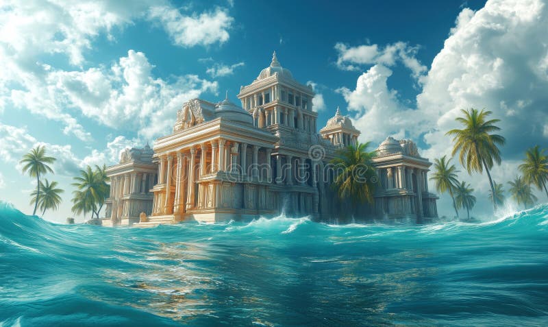 Ancient Temple Submerged in Ocean Waves with Palm Trees and Dramatic ...