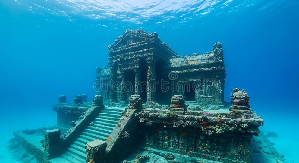 Ancient Temple Submerged Underwater, Featuring Classical Architectural ...