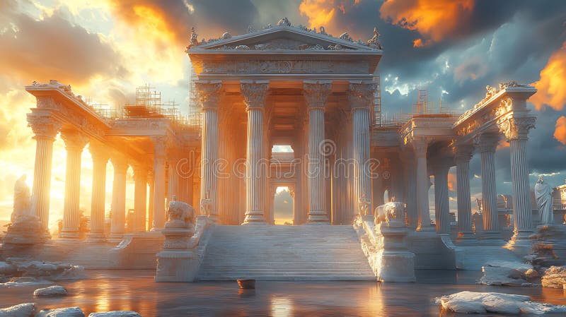 Ancient Temple Sunset Dramatic Sky Fantasy Architecture Stock ...