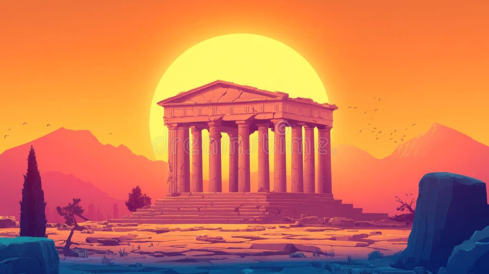 Ancient Temple at Sunset Pixel Art Landscape Stock Illustration ...