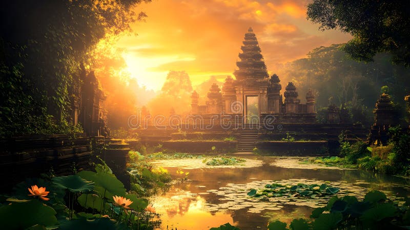 Ancient Temple at Sunset Surrounded by Lush Jungle and Lotus Pond ...