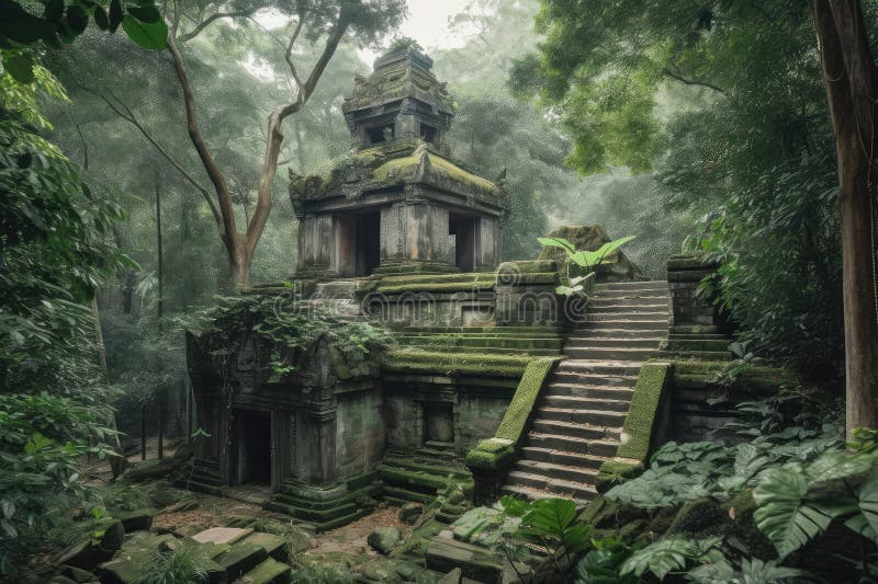 Ancient Temple, Surrounded by Lush Greenery and Towering Trees Stock ...