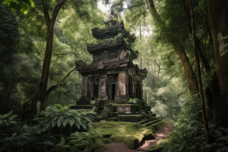 Ancient Temple, Surrounded by Lush Greenery and Towering Trees Stock ...
