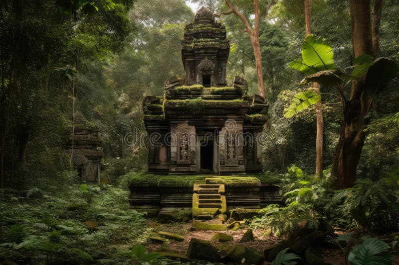 Ancient Temple, Surrounded by Lush Greenery and Towering Trees Stock ...