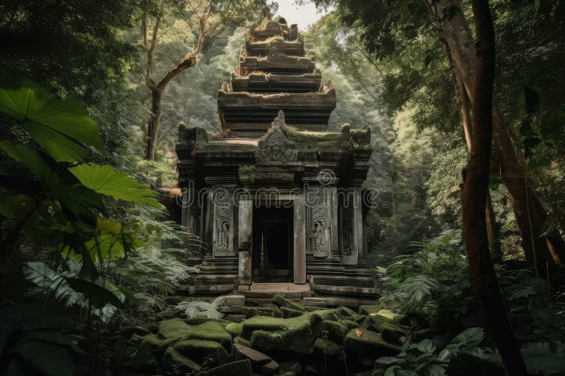 Ancient Temple, Surrounded by Lush Greenery and Towering Trees Stock ...