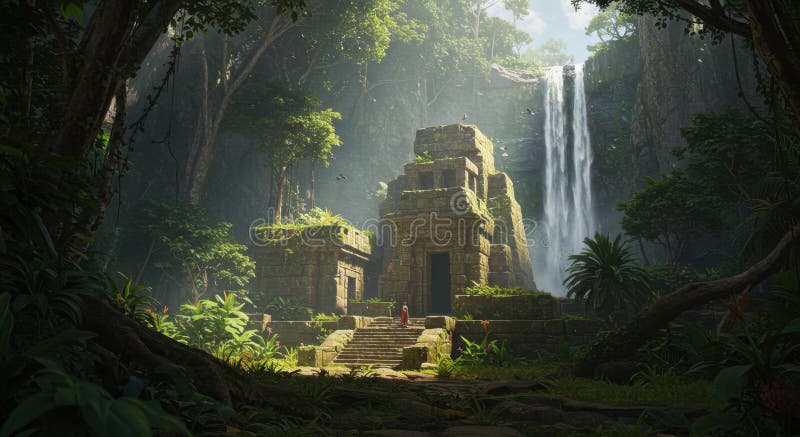 Ancient Temple Surrounded by Lush Jungle and Cascading Waterfall Stock ...