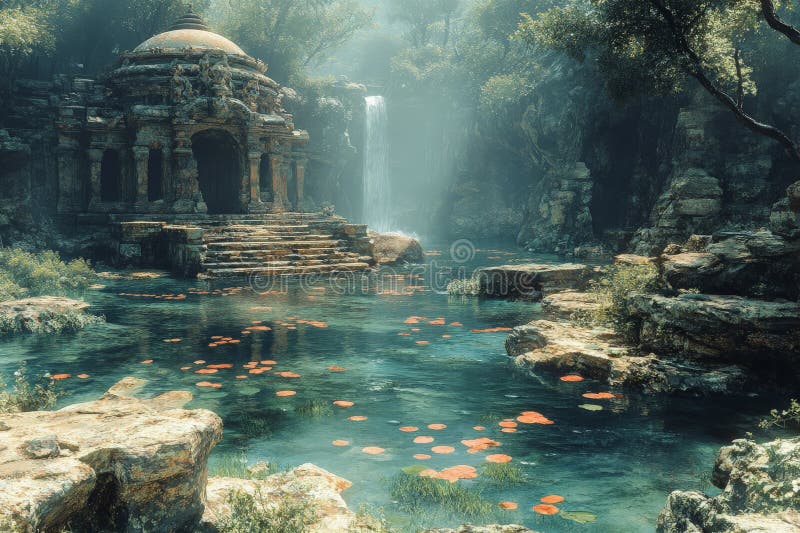 Ancient Temple by a Tranquil Pond with a Cascading Waterfall Stock ...